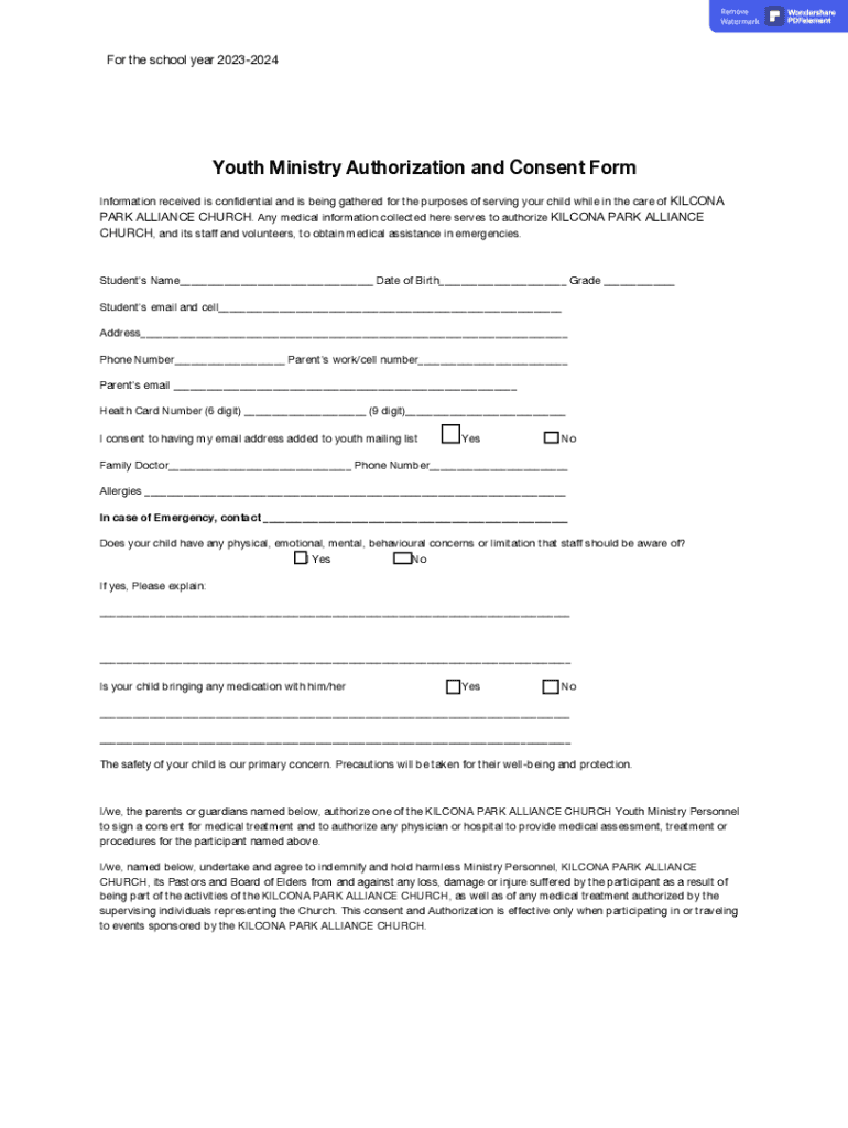 Fillable Online Bethel Bible Chapel - Authorization and Medical Consent ...