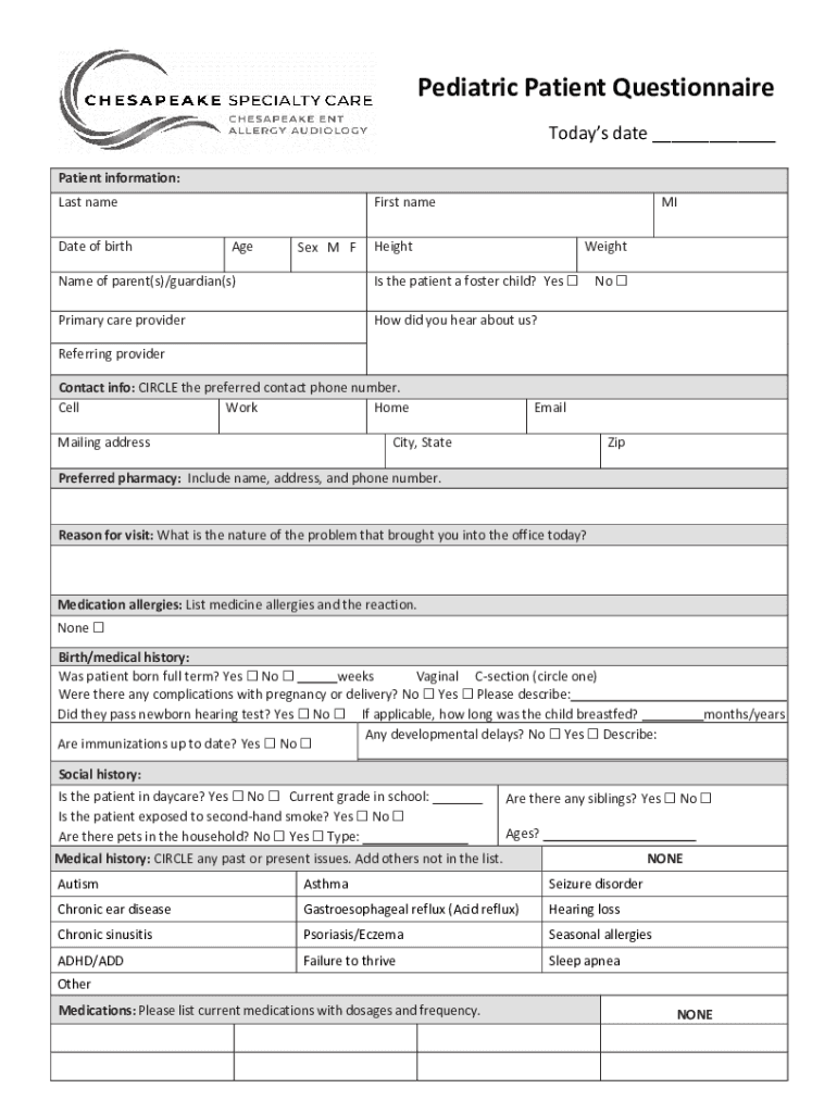 Fillable Online Pediatric Patient Questionnaire - Foundation ...