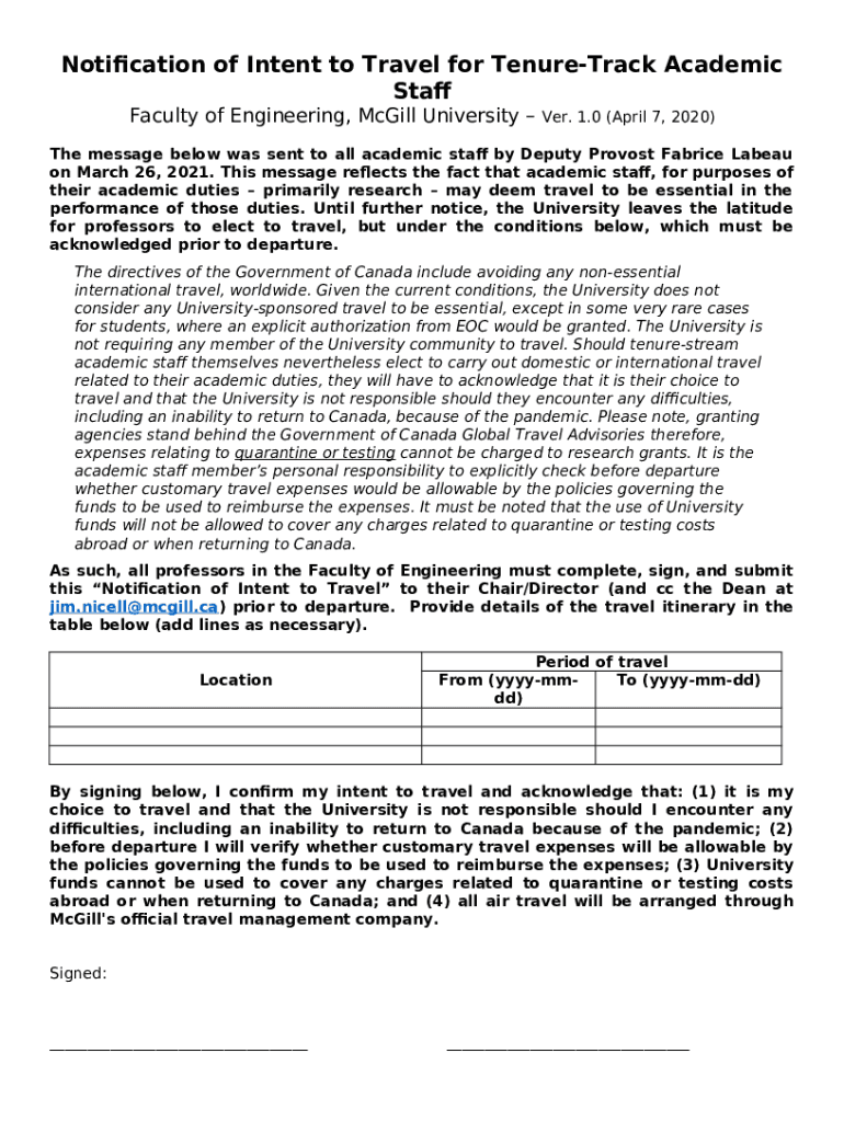 Notification of Intent to Travel for Tenure-Track Academic ... Doc ...