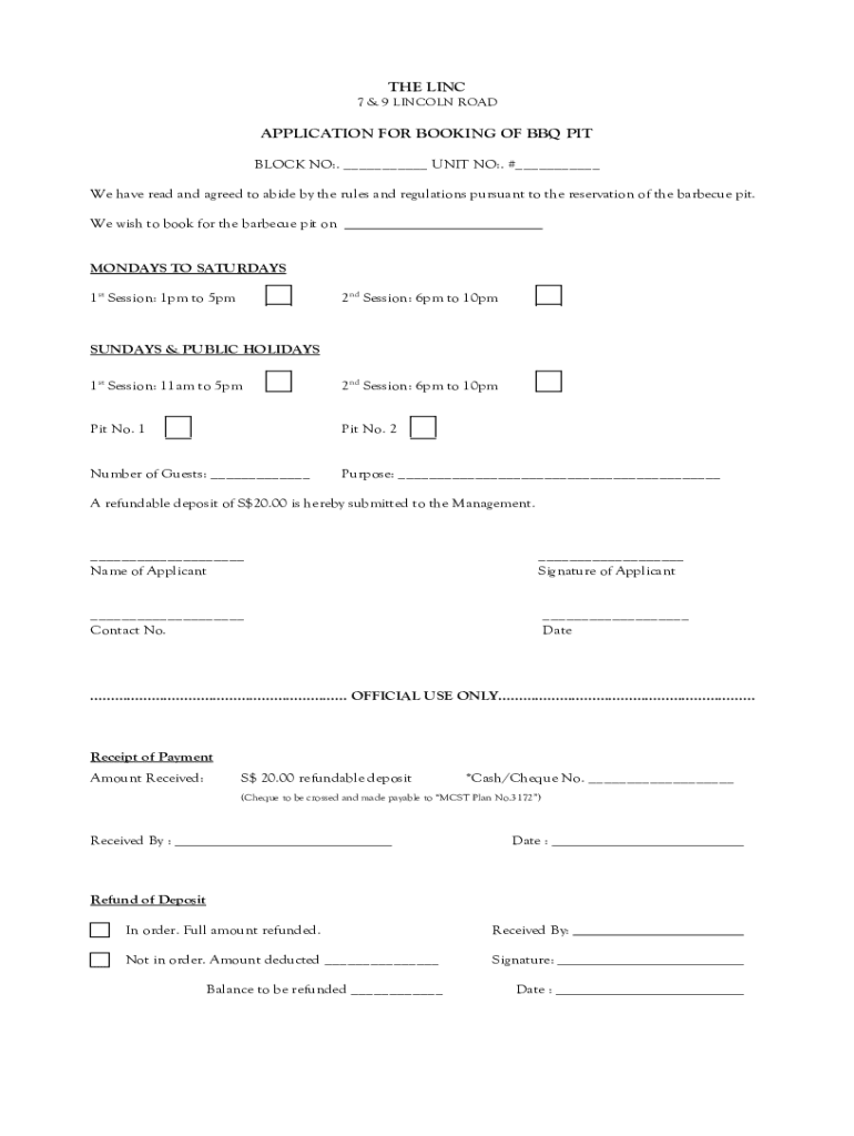 Fillable Online Application for Booking of BBQ Pit - BALLOTA PARK Fax ...