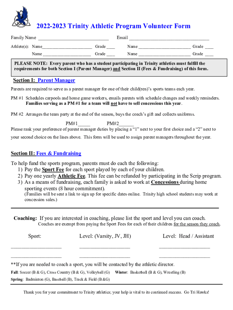 Fillable Online 2022-2023 Trinity Athletic Program Volunteer Form Fax Email Print - pdfFiller