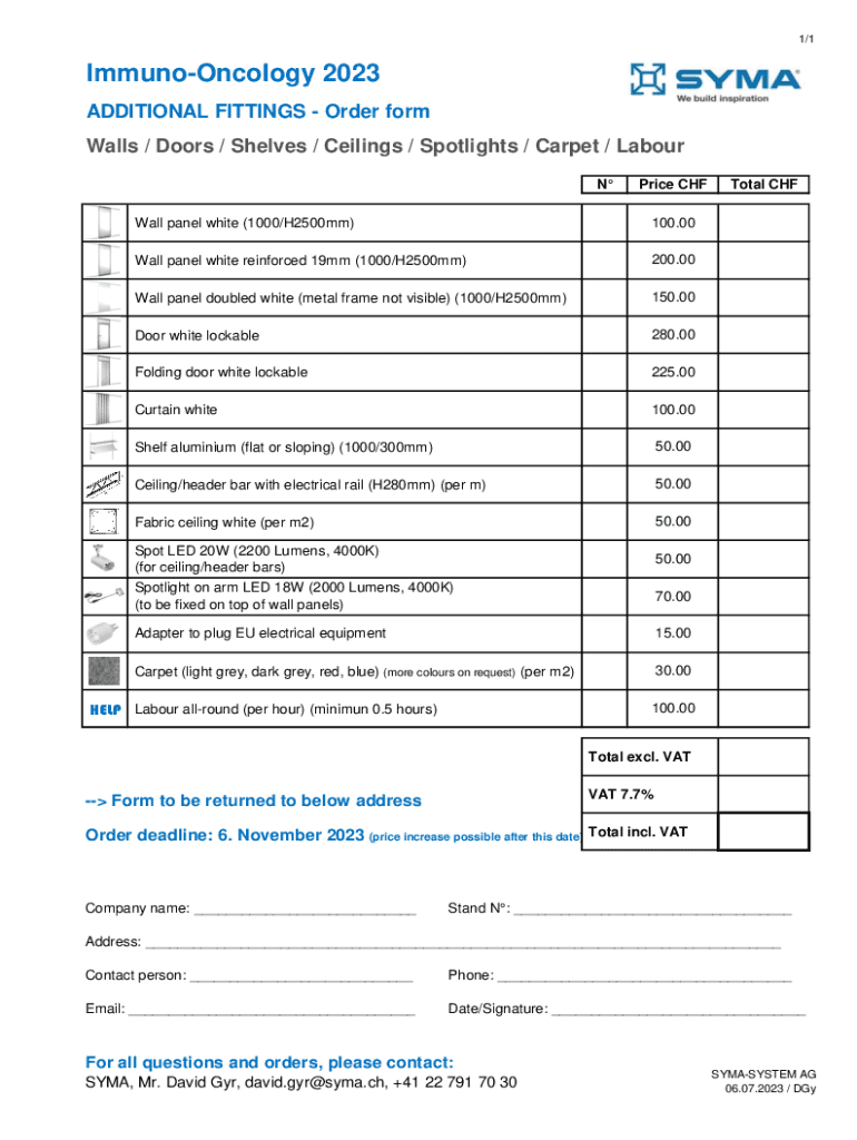 Fillable Online Additional Fittings Order Form Fax Email Print - pdfFiller