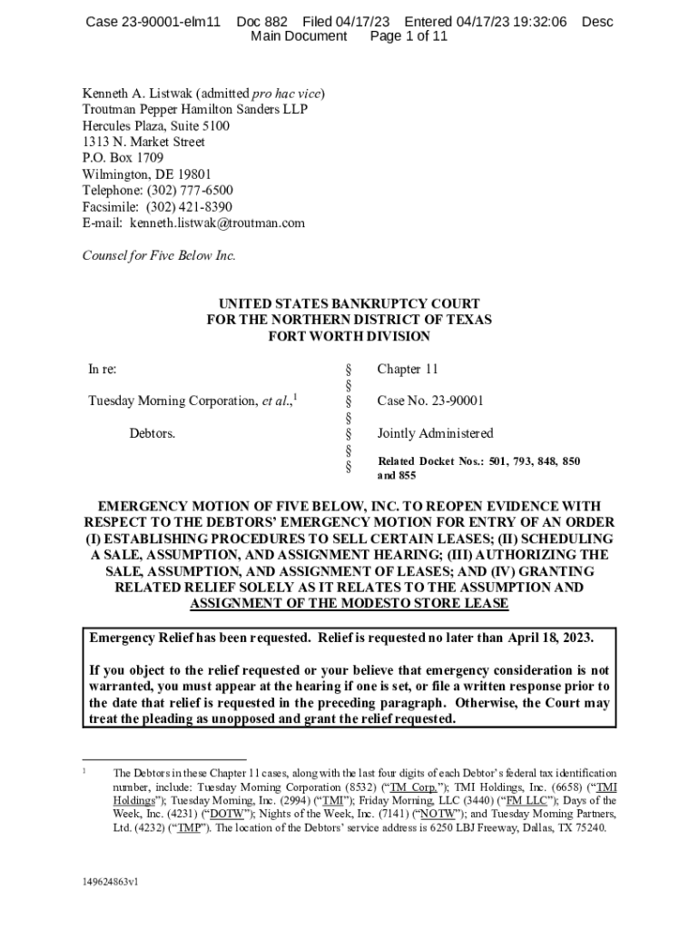 Fillable Online Five Below - Emergency Motion to Reopen Evidence Fax ...