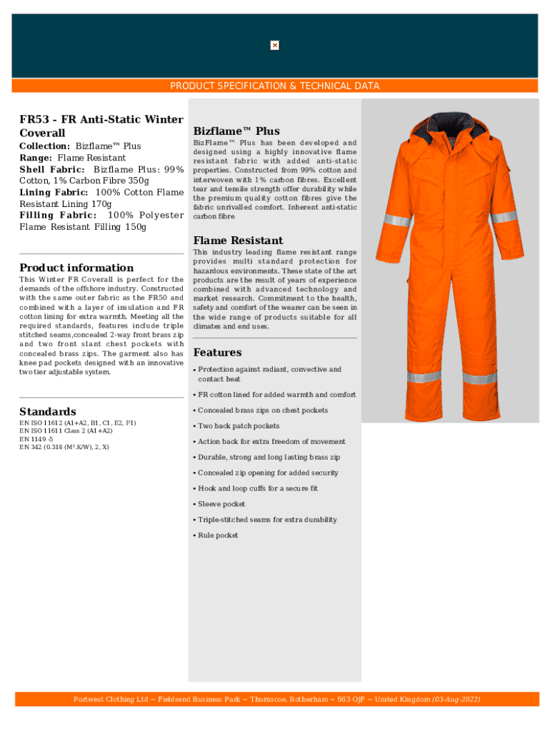 Fillable Online FR53 Bizflame FR Anti-Static Winter CoverallSafety Shop ...