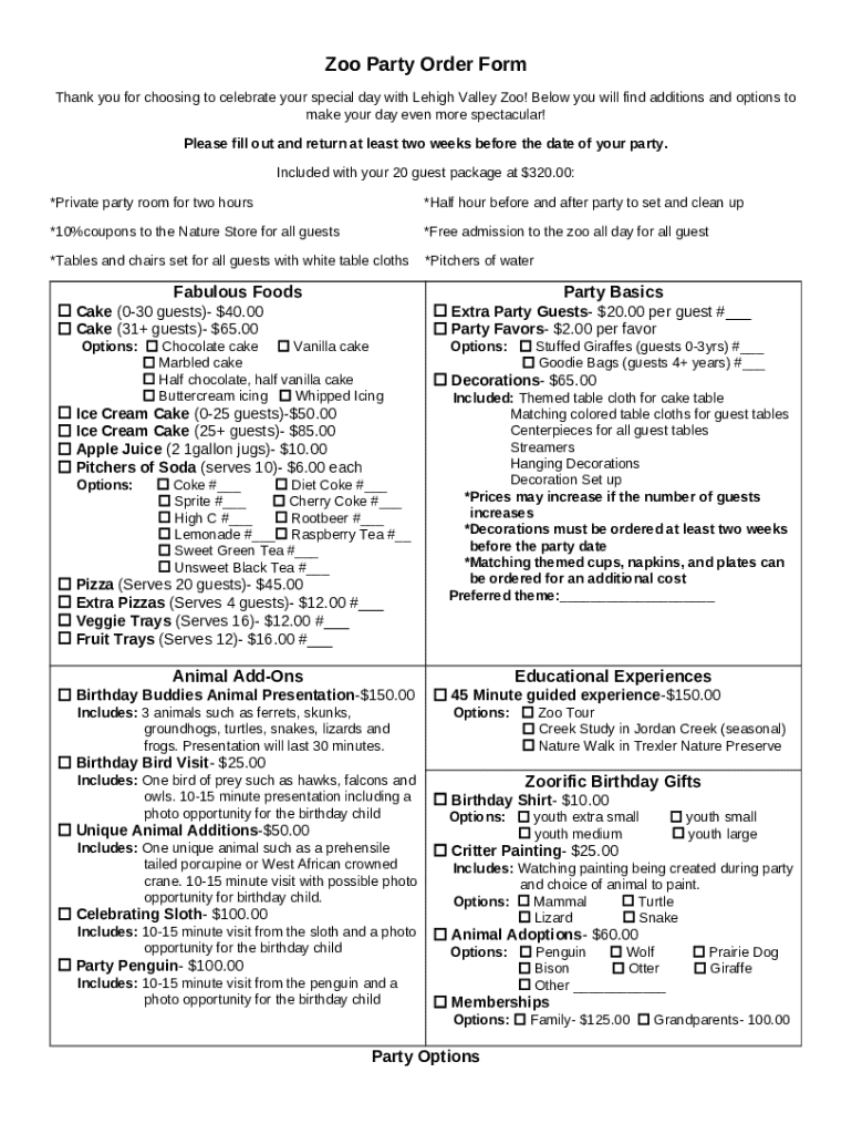 Zoo Party Order Doc Template | pdfFiller
