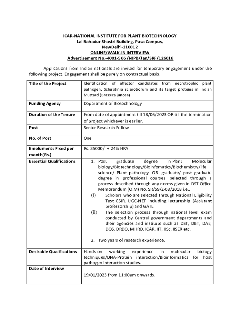 Fillable Online ICAR-NIPB Research Associate Post - Life Sciences Eligible Fax Email Print ...