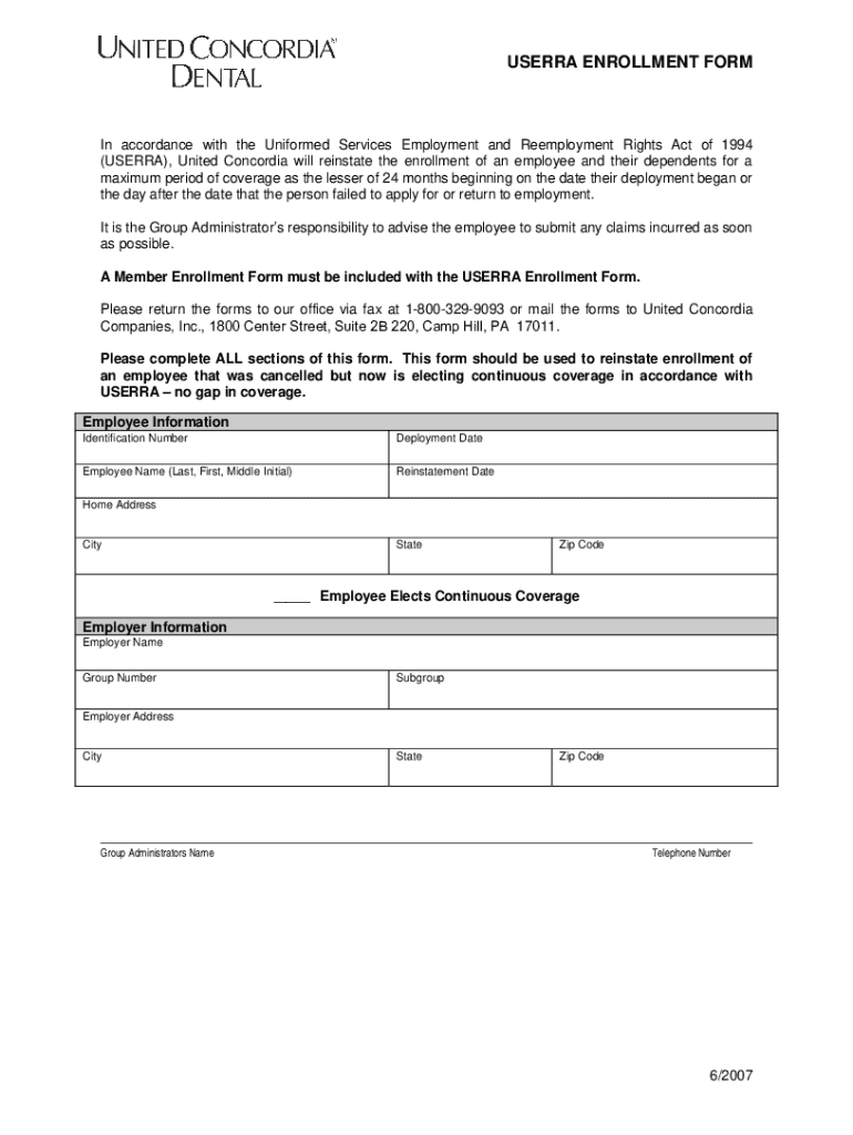 Fillable Online USERRA Enrollment Form CA DHMOUnited Concordia. This ...
