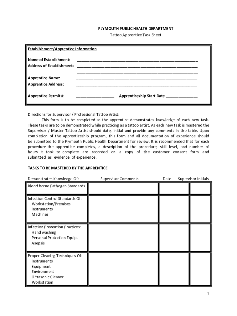 Fillable Online Tattoo & Body Art Apprenticeship Program & Task Sheets ...