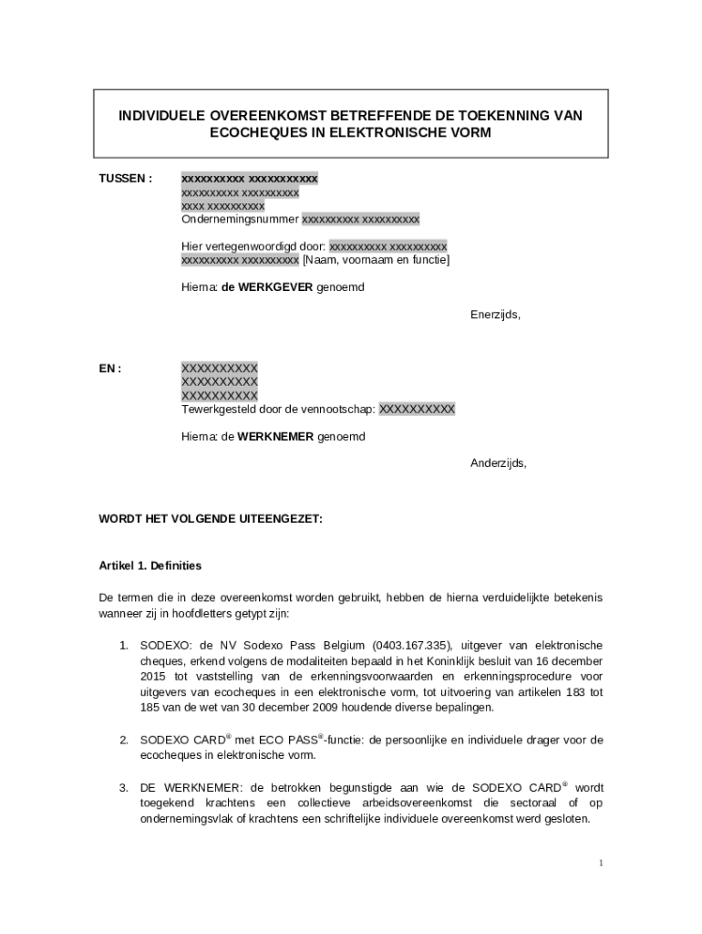 INDIVIDUELE OVEREENKOMST BETREFFENDE DE TOEKENNING VAN ECOCHEQUES IN ELEKTRONISCHE VORM Doc ...