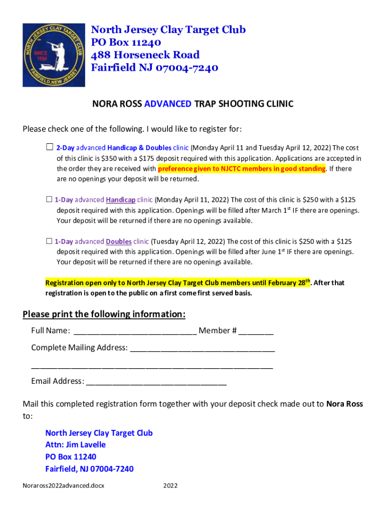 Fillable Online nora ross advanced trap shooting clinic Fax Email Print - pdfFiller