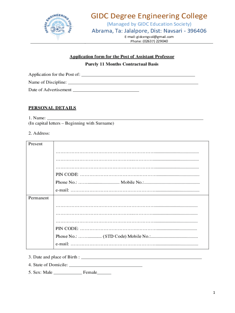 Fillable Online GIDC Degree Engineering College invited applications ...
