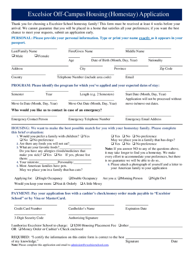 Fillable Online Excelsior Off-Campus Housing (Homestay) Application Fax ...