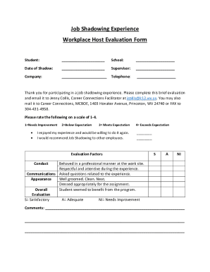 Fillable Online Job Shadowing Experience Workplace Host Evaluation Form ...
