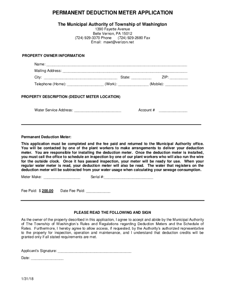 Fillable Online PERMANENT DEDUCTION METER APPLICATION Fax Email Print - pdfFiller