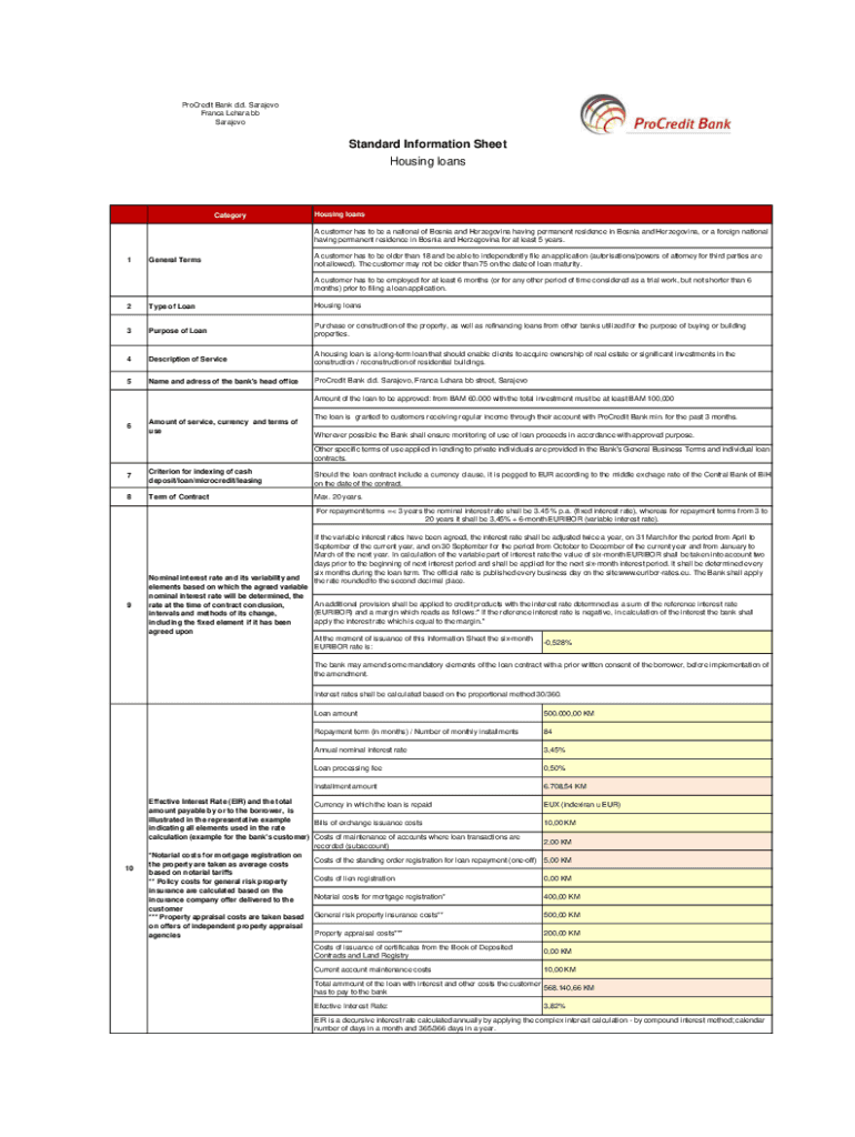 Fillable Online Standard Information Sheet Housing loans Fax Email ...