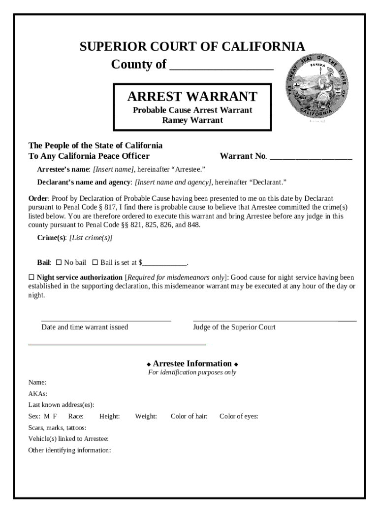 warrant of probable cause for arrest, Cal. Pen. Code817 Doc Template ...