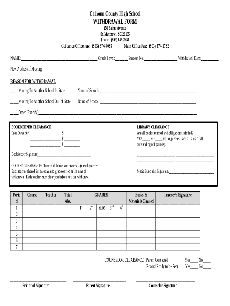 Withdrawal s - Calhoun County High School Doc Template | pdfFiller