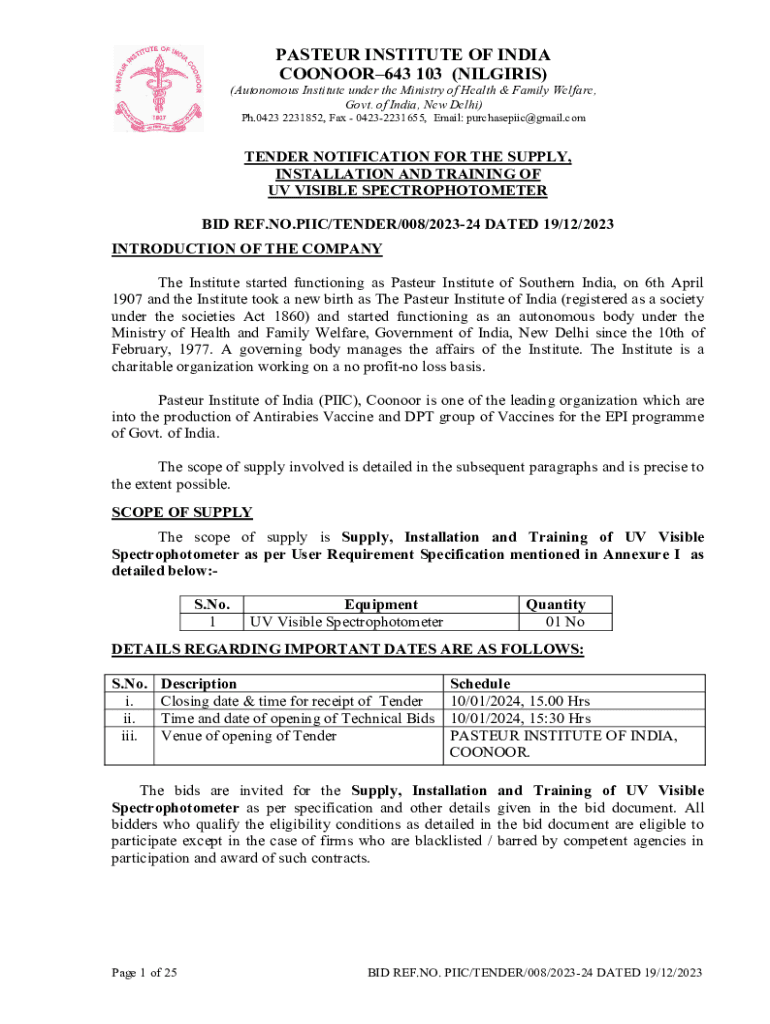 Fillable Online UV Visible Spectrophotometer - Tender document Fax ...