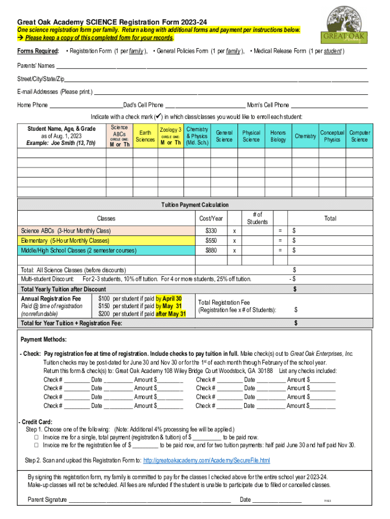 Fillable Online Great Oak Academy SCIENCE Registration Form 2023-24 Fax Email Print - pdfFiller
