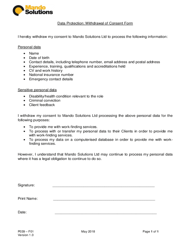 Fillable Online Data Protection: Withdrawal of Consent Form Fax Email ...