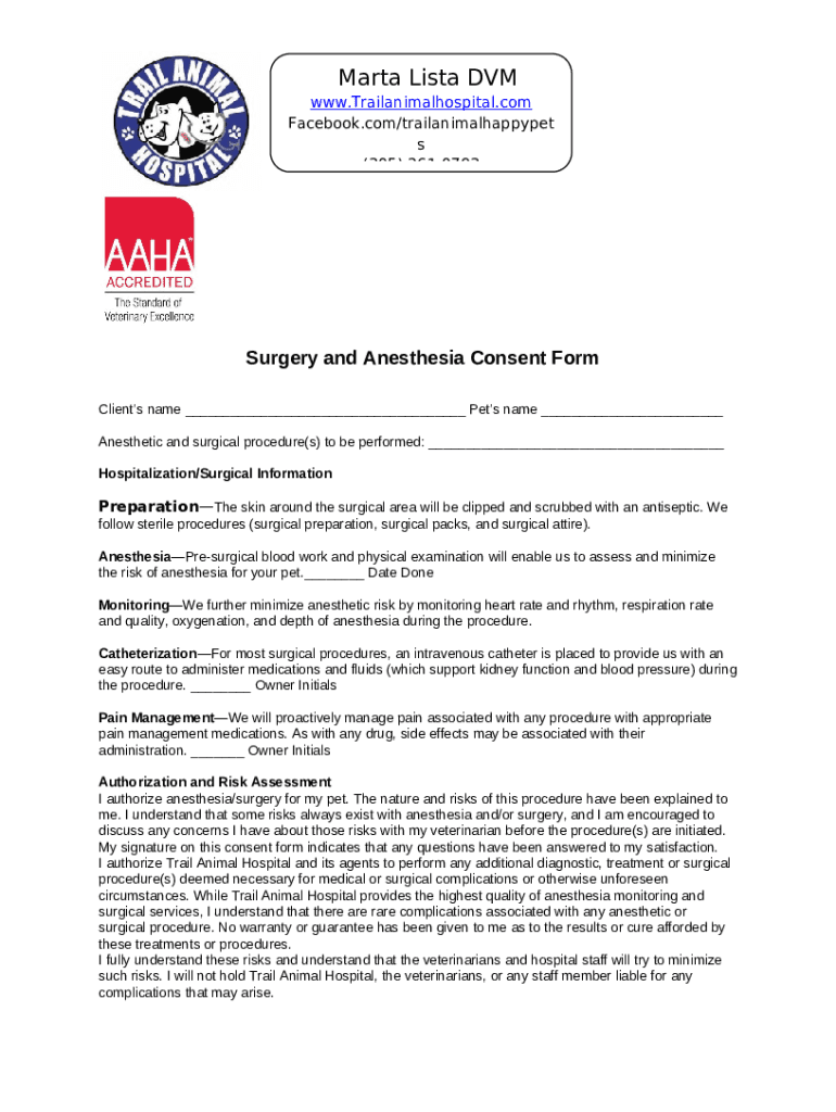 Consent for Anesthesia and Surgery Pet ... Doc Template | pdfFiller