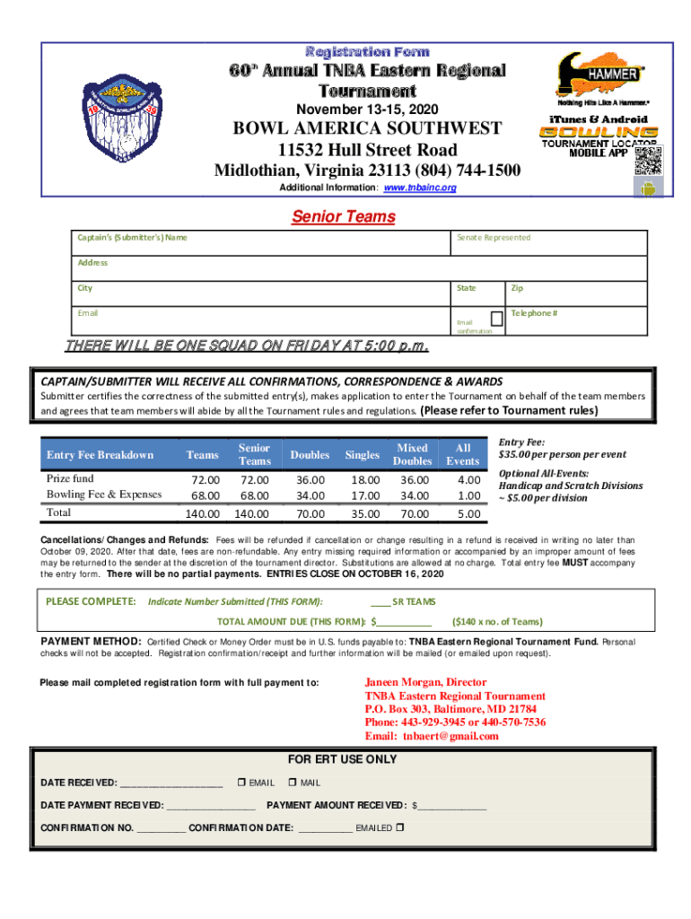 Fillable Online 60th Annual TNBA Eastern Regional Tournament BOWL ...