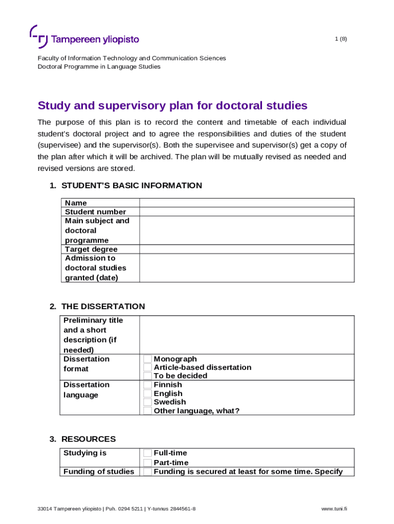 Supervisory Agreement and Study Plan for Doctoral Studies Doc Template | pdfFiller