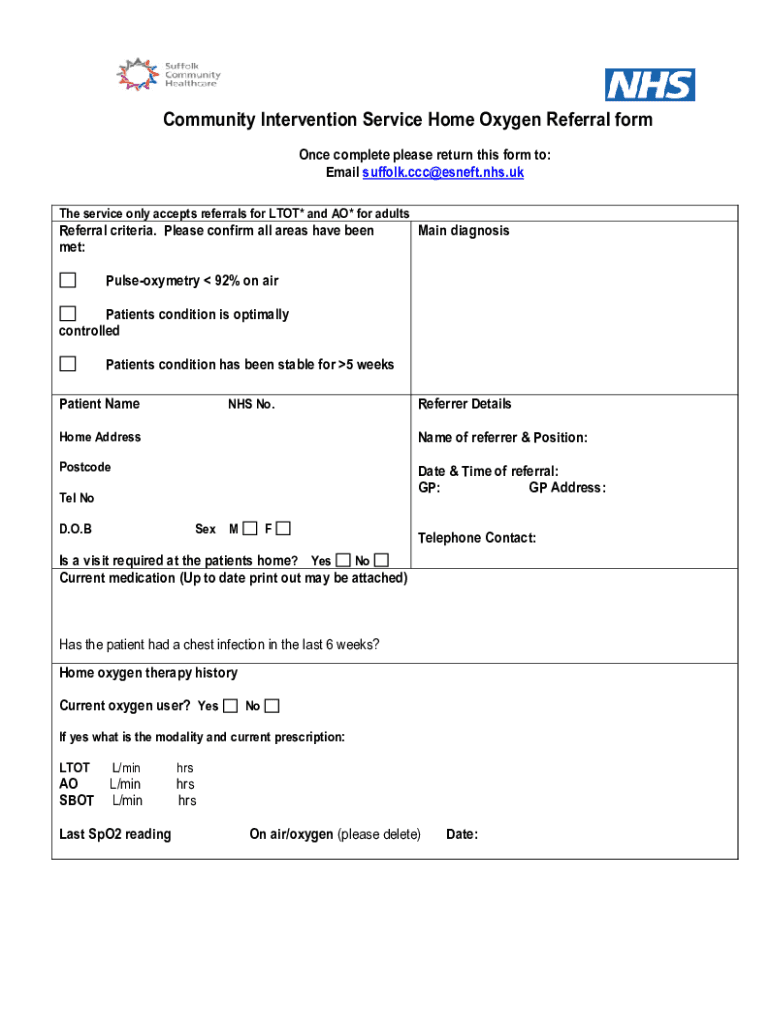 Fillable Online Community Intervention Service Home Oxygen Referral ...
