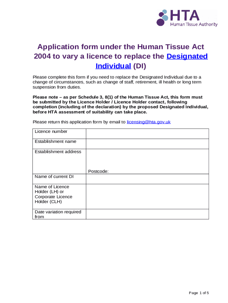 Human Tissue Act Change of DI Variation Doc Template Doc Template | pdfFiller