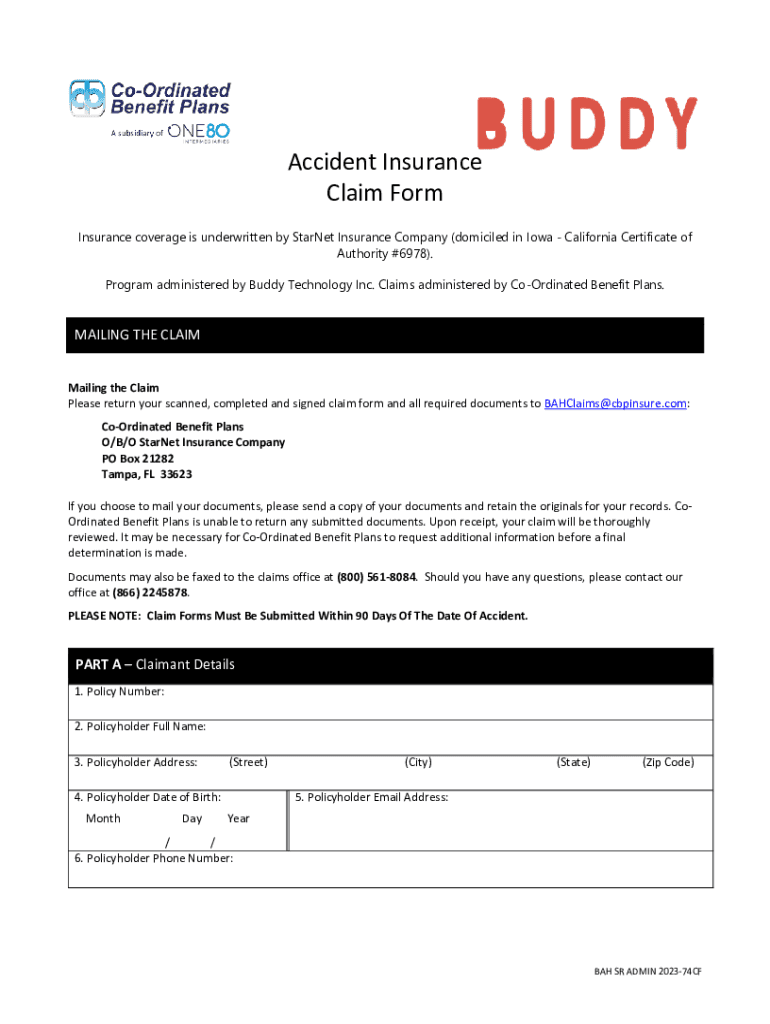 Fillable Online Accident Insurance Claim Form - Buddy Insurance Fax ...
