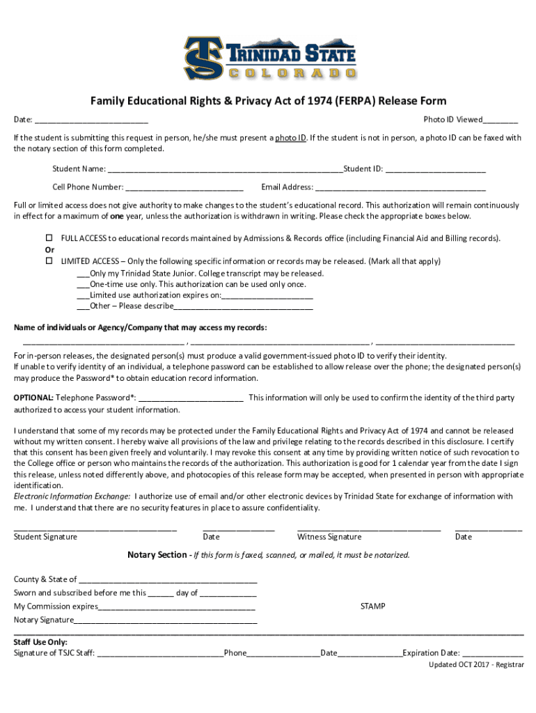 Fillable Online Family Educational Rights & Privacy Act of 1974 (FERPA) ... Fax Email Print ...