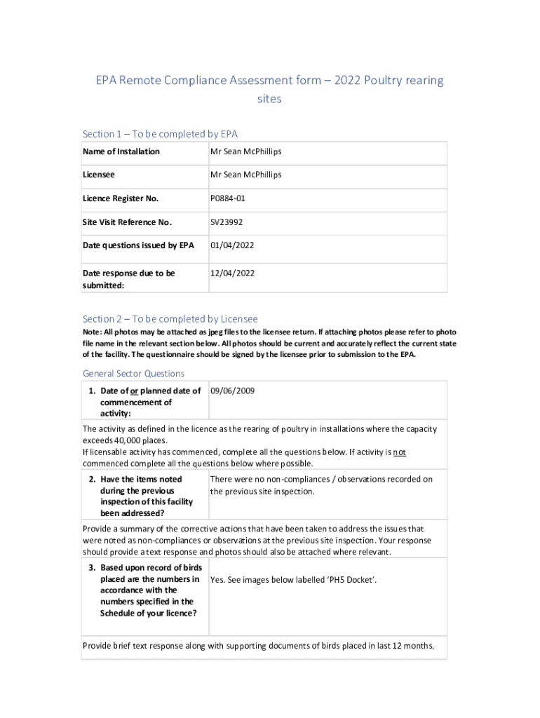 Fillable Online EPA Remote Compliance Assessment form 2022 Mr Sean ...