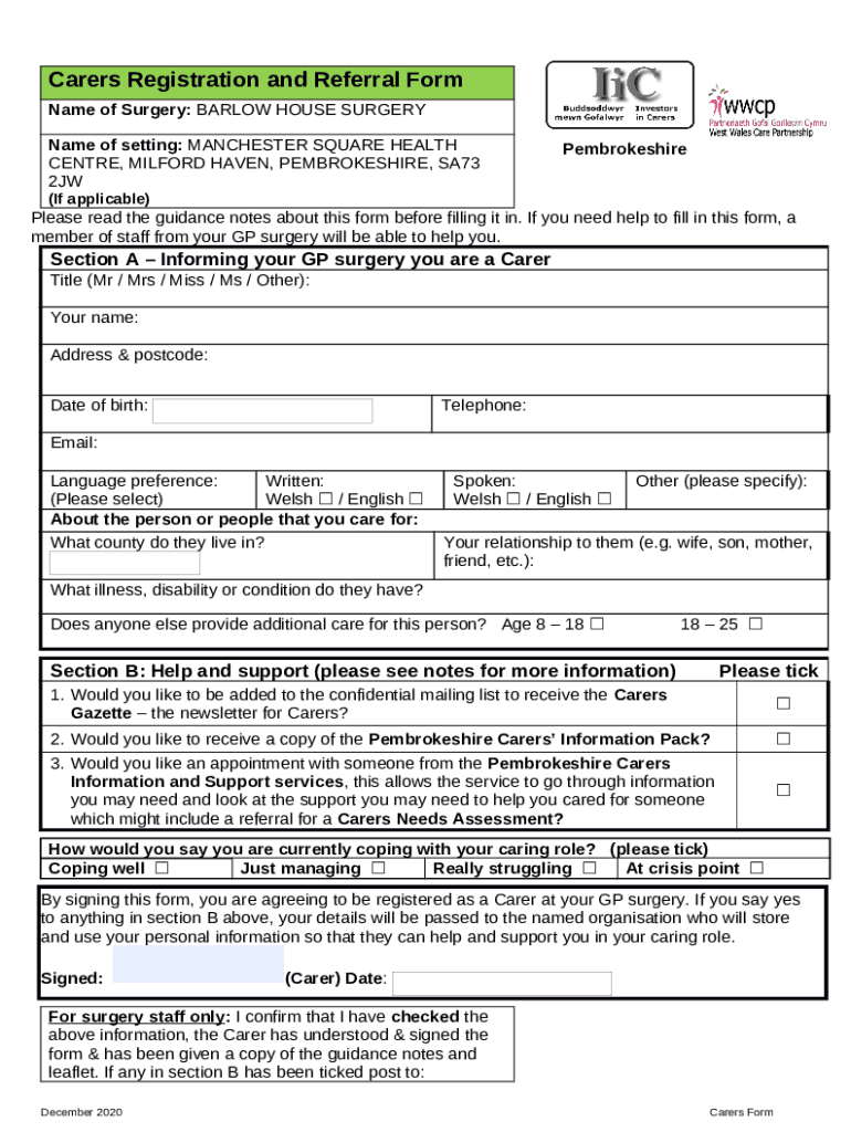 Pembrokeshire Carers Registration and Referral Doc Template | pdfFiller