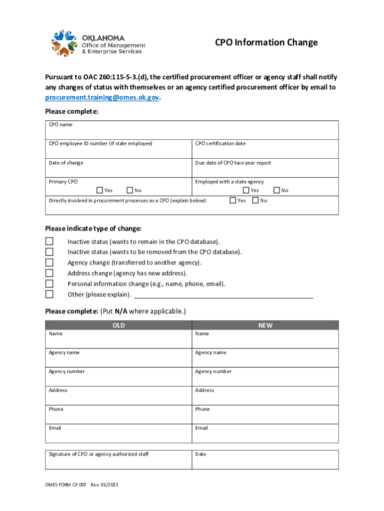 Fillable Online CPO Information Change. Form used to report changes in ...