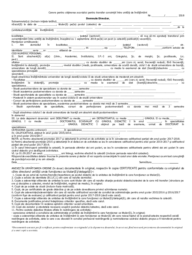 Fillable Online Cerere Transfer Pentru RA - Pretransfer Consimtit Intre ...