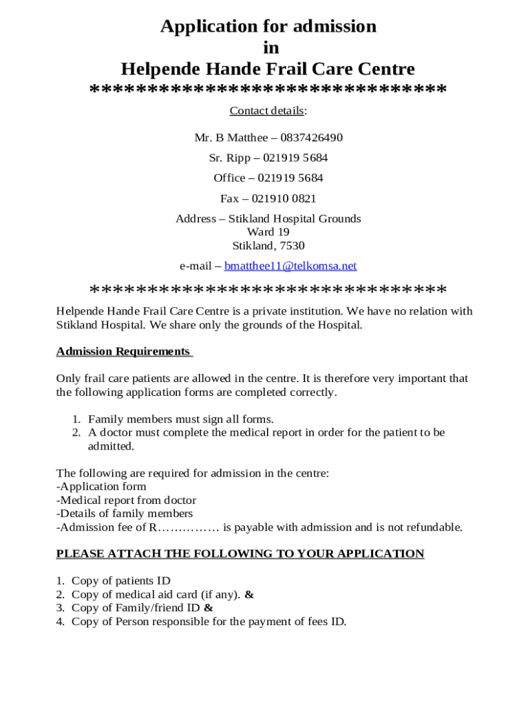 Application for admission in Helpende Hande Frail Care Centre Doc ...