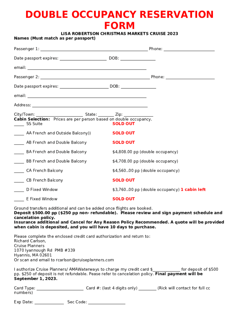 DOUBLE OCCUPANCY RESERVATION Doc Template | pdfFiller