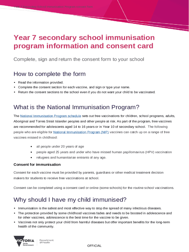 PART B Year 7 Secondary School Immunisation Program Doc Template ...