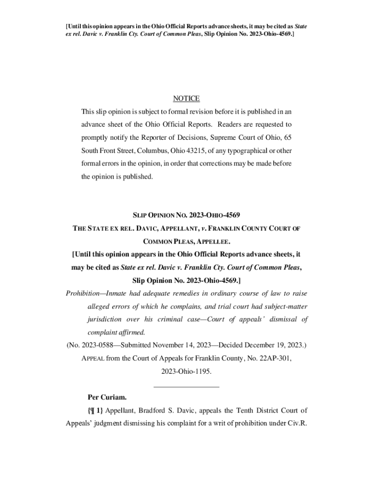 Fillable Online State ex rel. Davic v. Franklin Cty. Court of Common ...