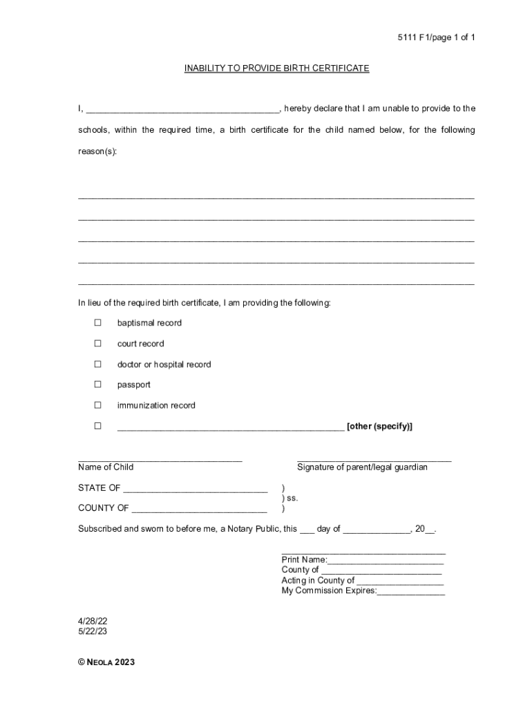 Fillable Online 5111 F3 Inability to Provide Certified Birth ...