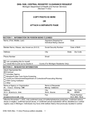 Fillable Online 198 109 89 DHS-1929 - Central Registry Clearance Request Fax Email Print - pdfFiller