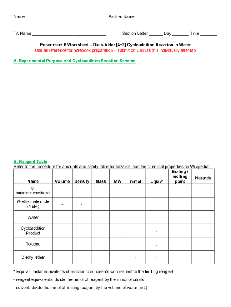 Fillable Online Experiment 6 Worksheet - Diels-Alder Fax Email Print - pdfFiller