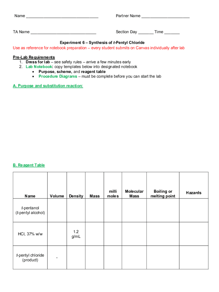 Fillable Online Experiment 6 Worksheet - t-pentyl chloride Fax Email Print - pdfFiller