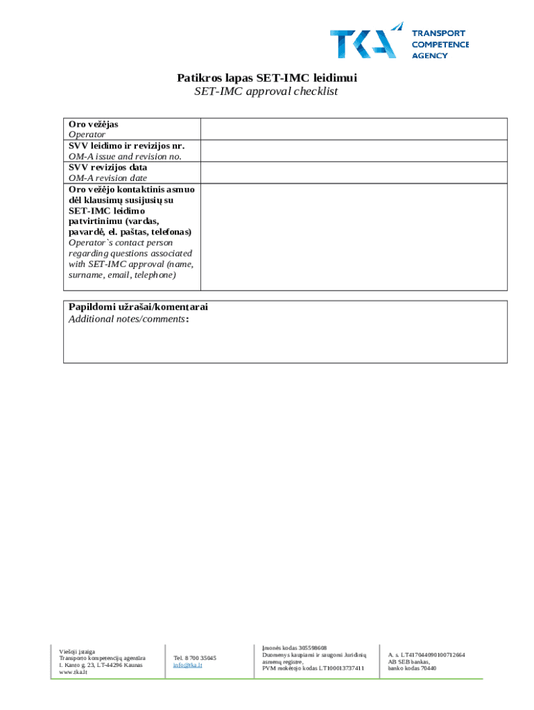 Patikros lapas SET-IMC leidimui SET-IMC approval checklist Doc Template | pdfFiller