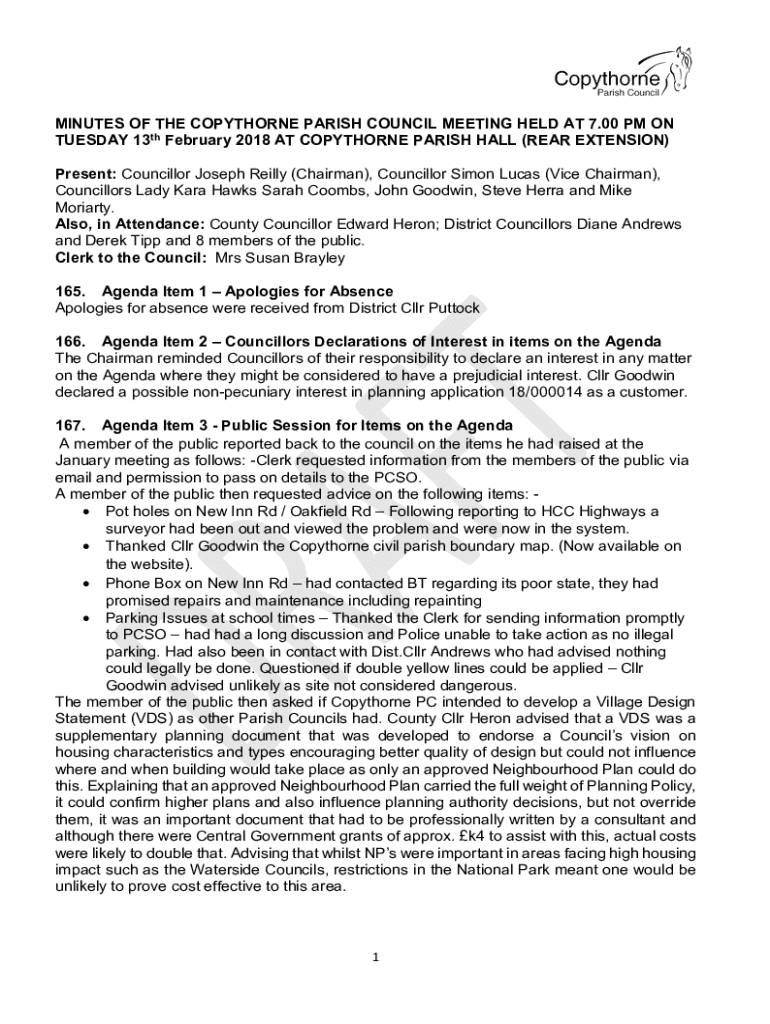 Fillable Online TUESDAY 13th February 2018 AT COPYTHORNE PARISH HALL ...