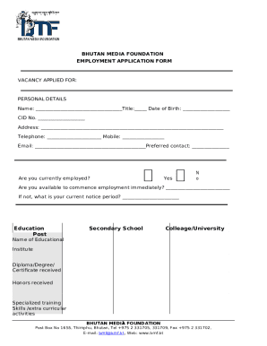 BMF Employment Application Doc Template | pdfFiller