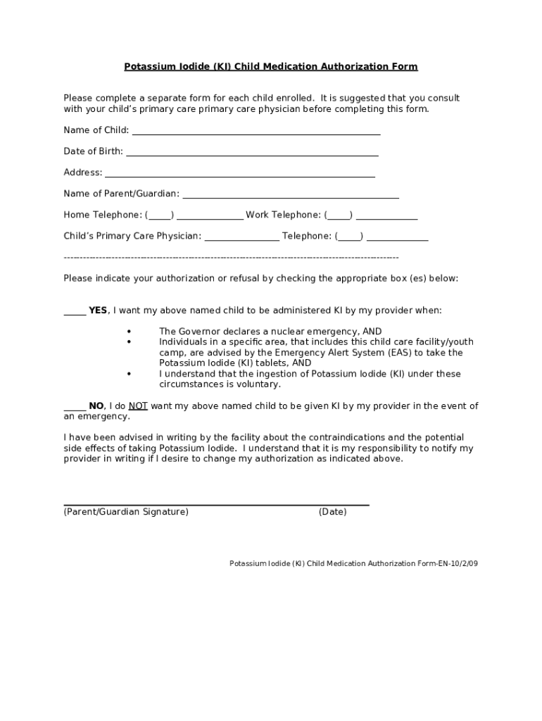 Potassium Iodide (KI) Child Medication Authorization Doc Template ...