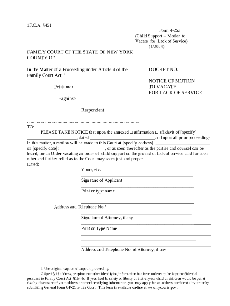 FCA 451 4-25a (Child Support -- Motion to Vacate ... Doc Template | pdfFiller