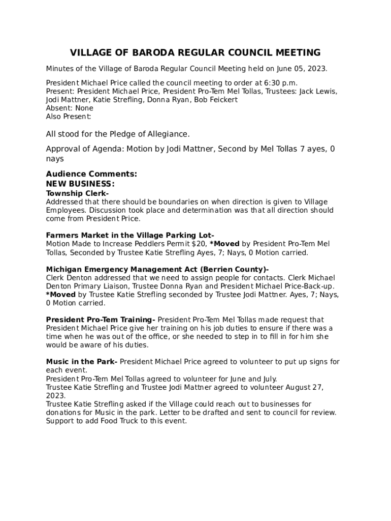 Present: President Michael Price, President Pro-Tem Mel Tollas ...