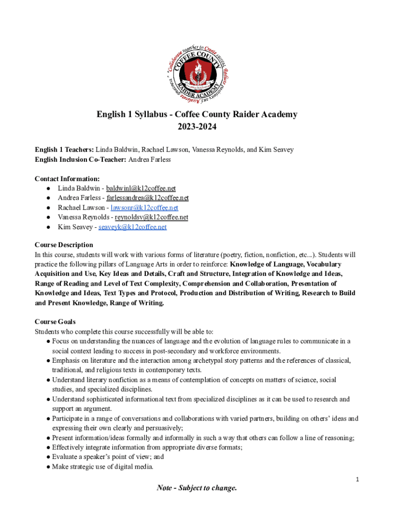 Fillable Online English 1 Syllabus - Coffee County Raider Academy Fax Email Print - pdfFiller